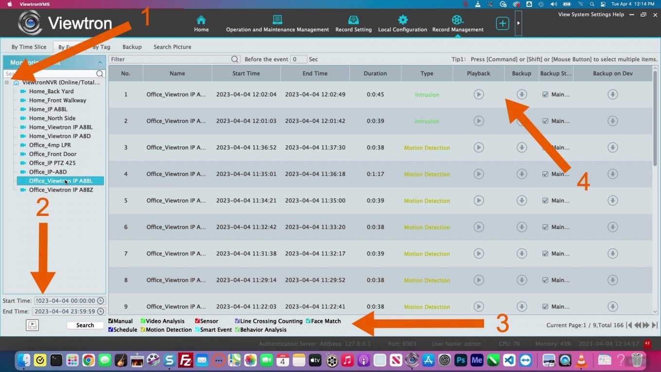 CMS DVR Software Search, Playback & Backup AI Motion Events